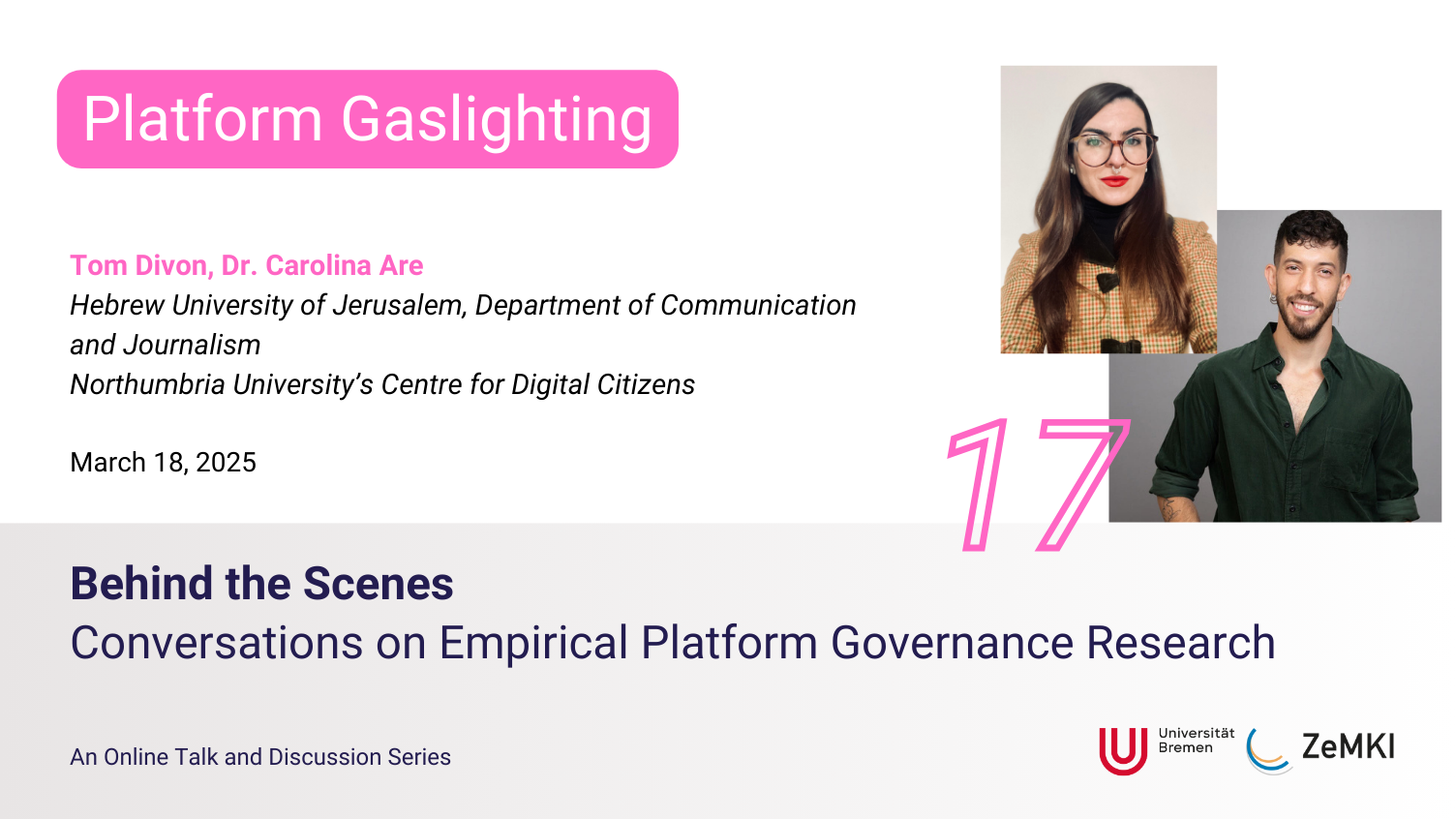 Session 17 of "Behind the Scenes" Online Talk Series with Tom Divon ...